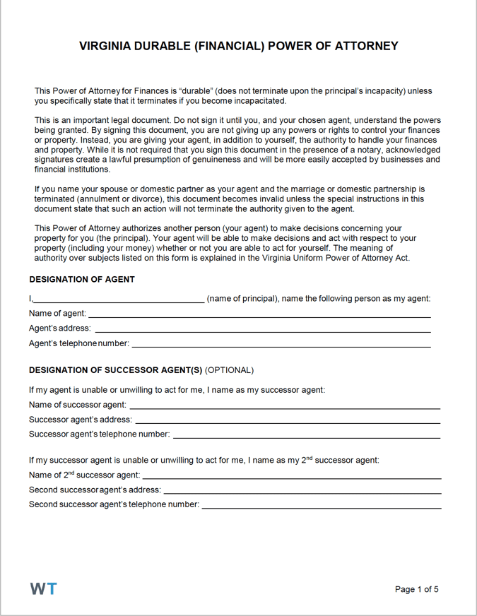 Free Virginia Durable Power Of Attorney Form PDF WORD