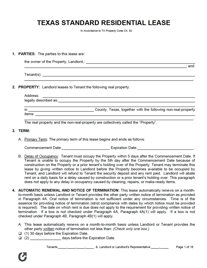Texas Lease Agreement Printable