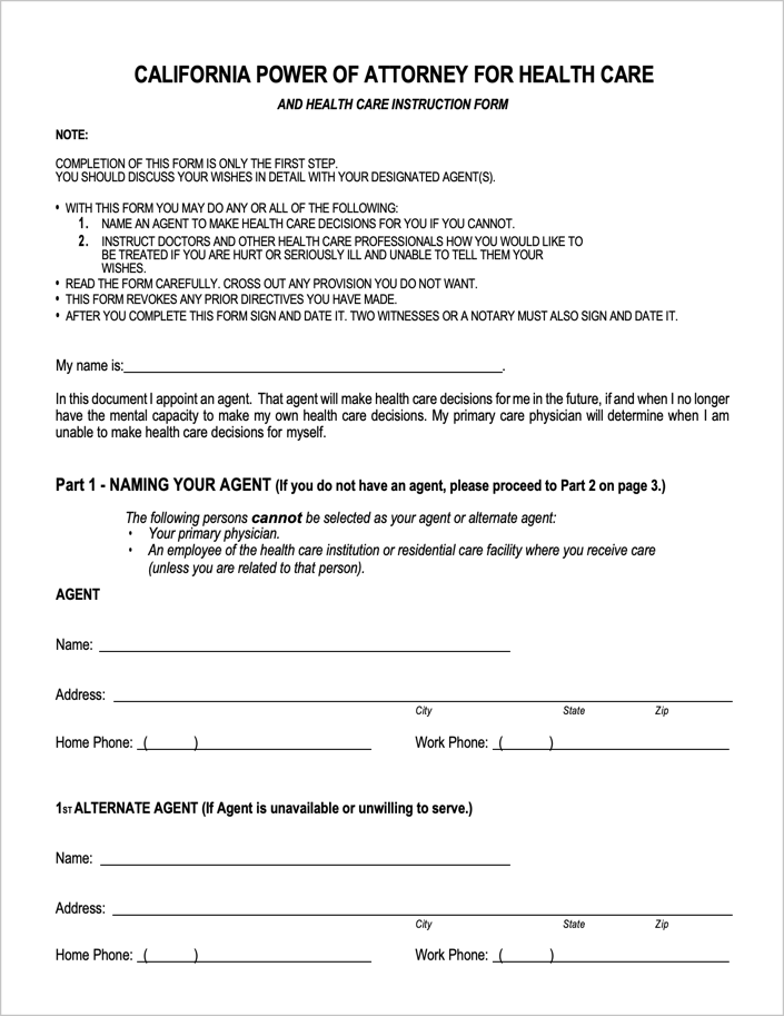 Free Power Of Attorney Template California