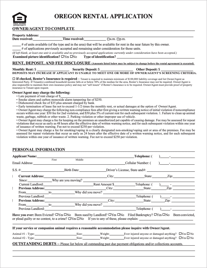 Free Oregon Rental Application PDF WORD