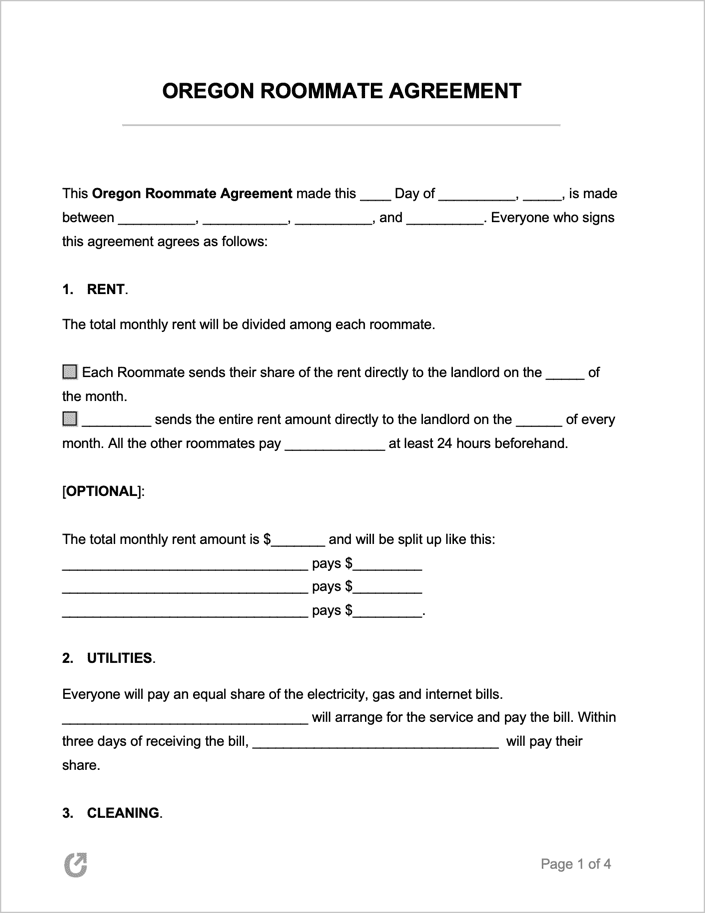 Free Oregon Roommate Agreement PDF WORD