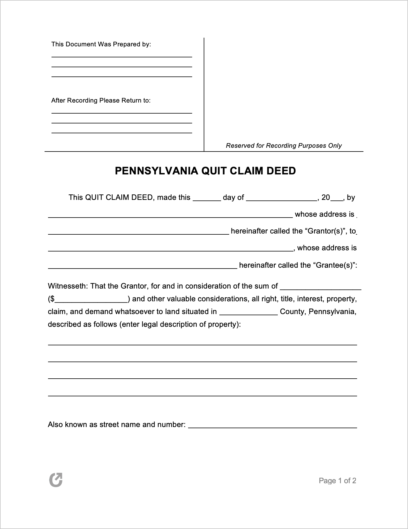 Free Pennsylvania Quit Claim Deed Form PDF WORD