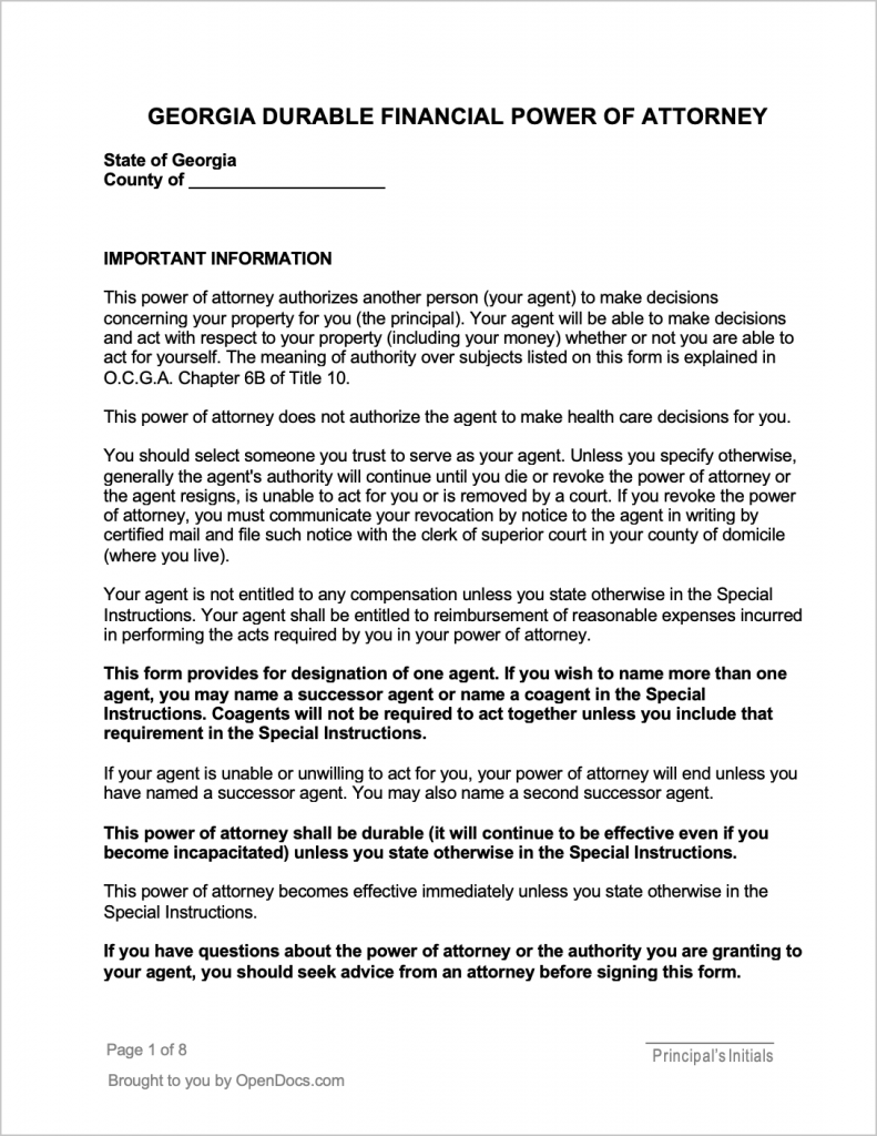 Free Printable Durable Power Of Attorney Form Georgia Printable Forms Free Online