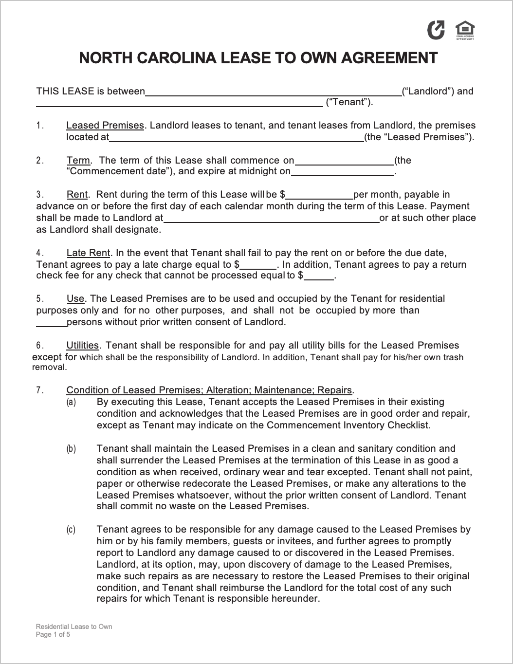 Free North Carolina Lease To Own Agreement PDF WORD