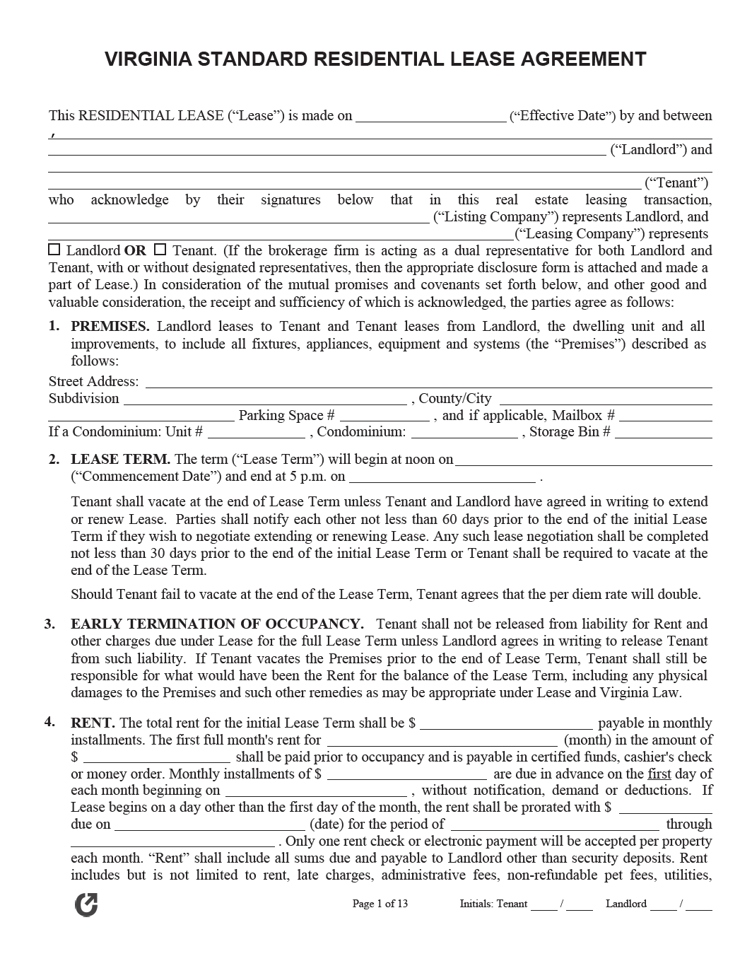 Free Virginia Residential Lease Agreement Printable Cards