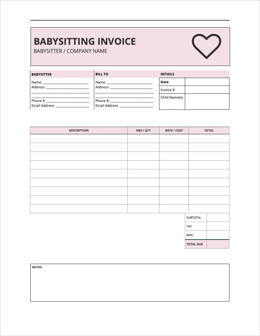 Babysitting Receipt Template Word