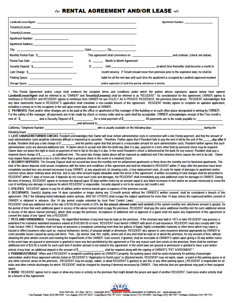 Free California Standard Residential Lease Agreement PDF WORD RTF