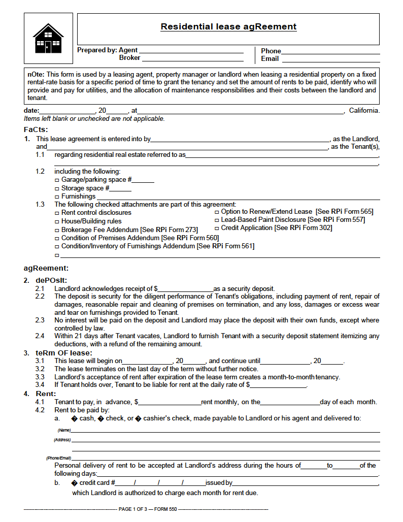 California Residential Rental Agreement Template