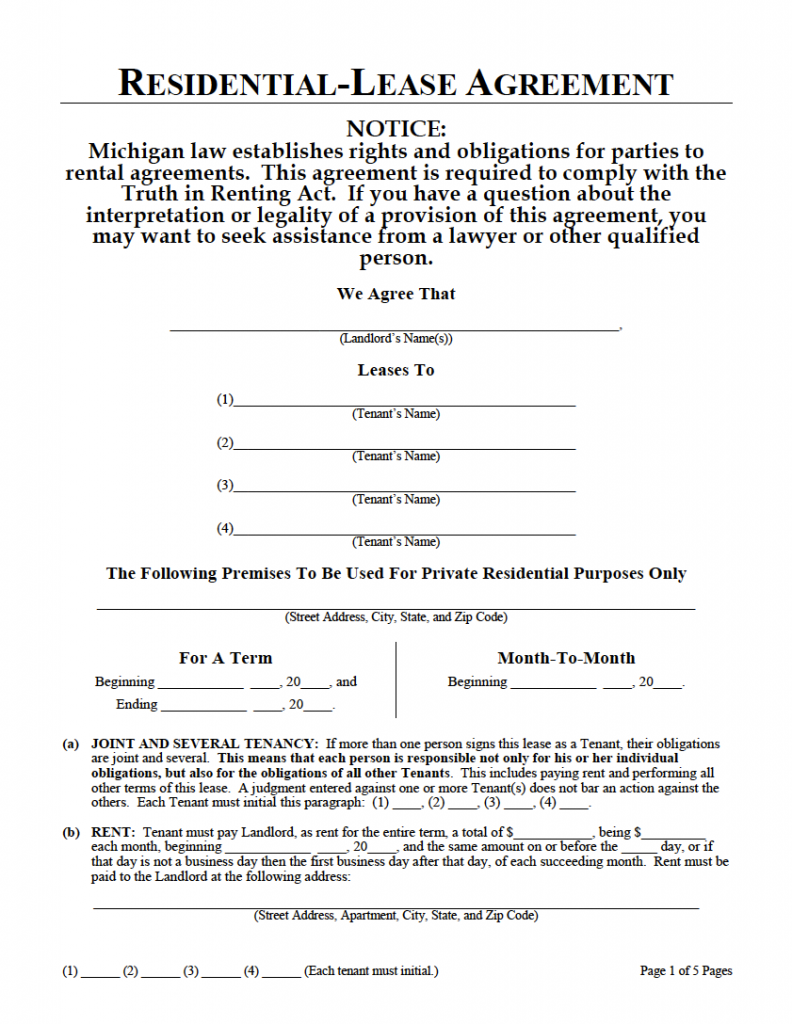 Michigan Residential Lease Agreement Form Download Free Printable Legal 