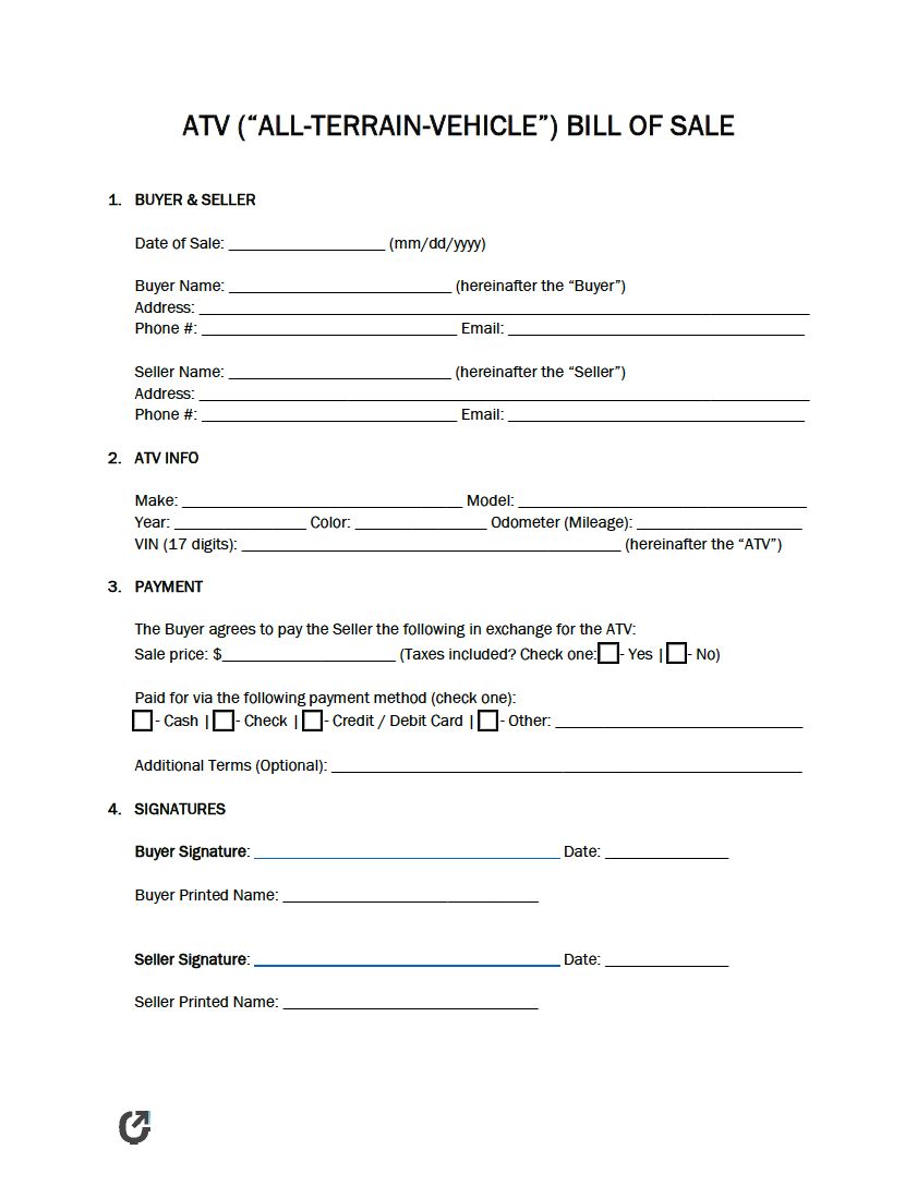 Free All Terrain Vehicle ATV Bill Of Sale Form PDF WORD RTF