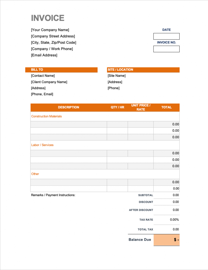 Free Construction Invoice Template PDF WORD EXCEL