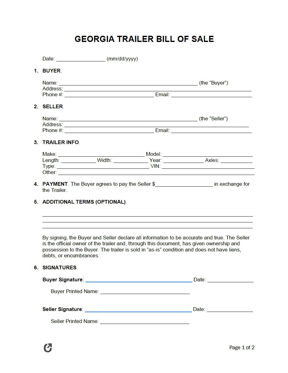 Free Georgia Trailer Bill Of Sale Form PDF WORD RTF