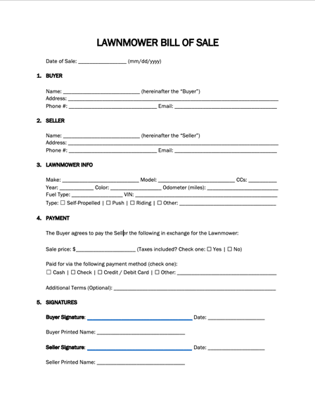 Free Lawnmower Bill Of Sale Form PDF WORD RTF