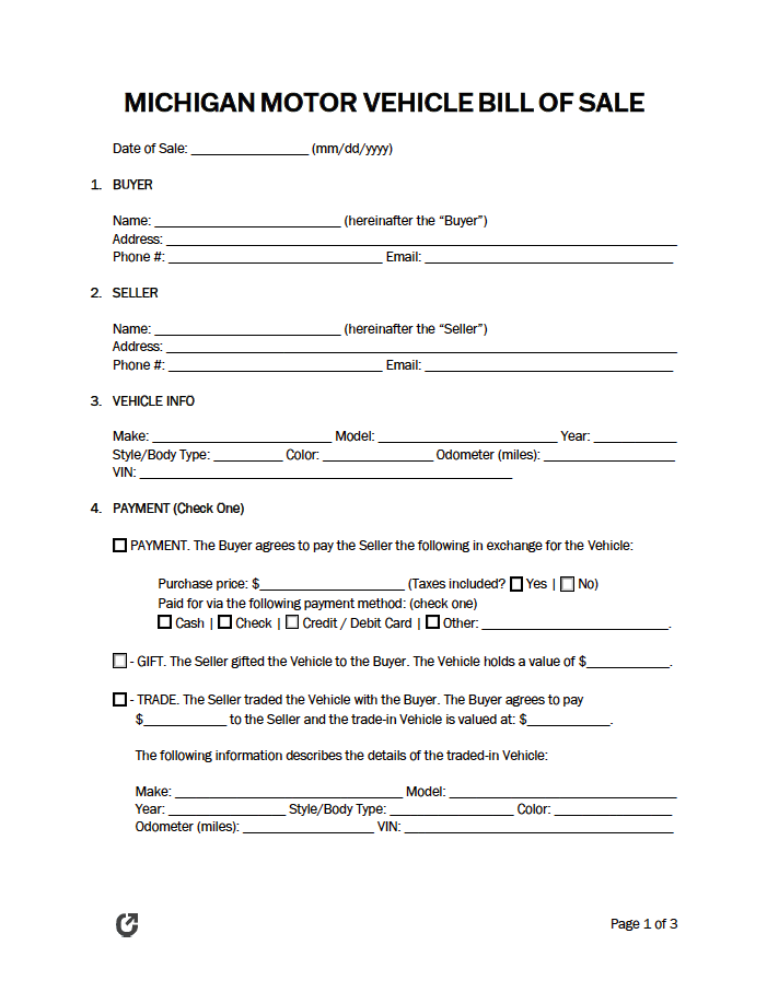 Free Michigan Motor Vehicle Bill Of Sale Form PDF WORD RTF