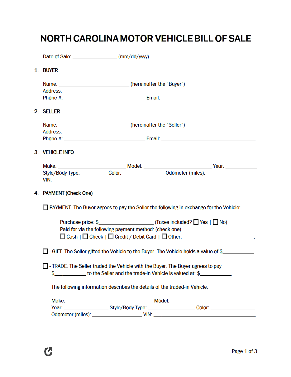 Free North Carolina Bill Of Sale Forms 5 PDF WORD RTF