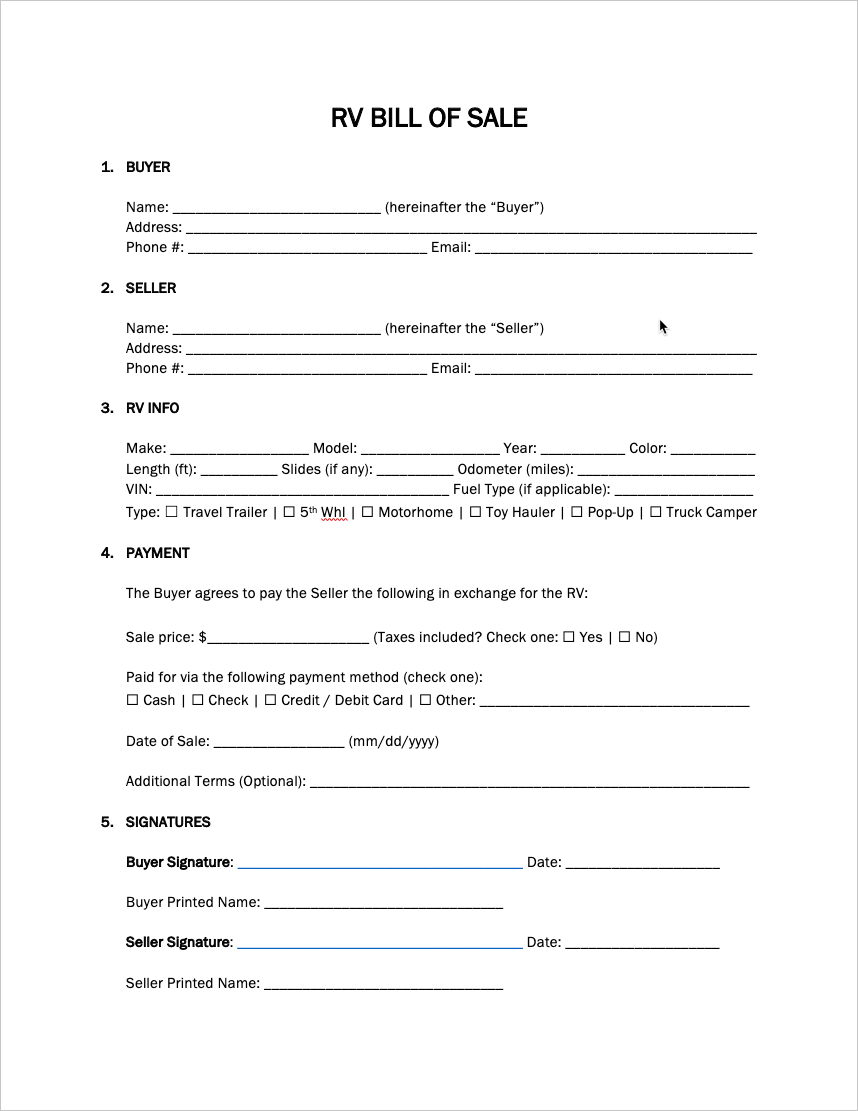 Free Recreational Vehicle RV Bill Of Sale Form PDF WORD RTF