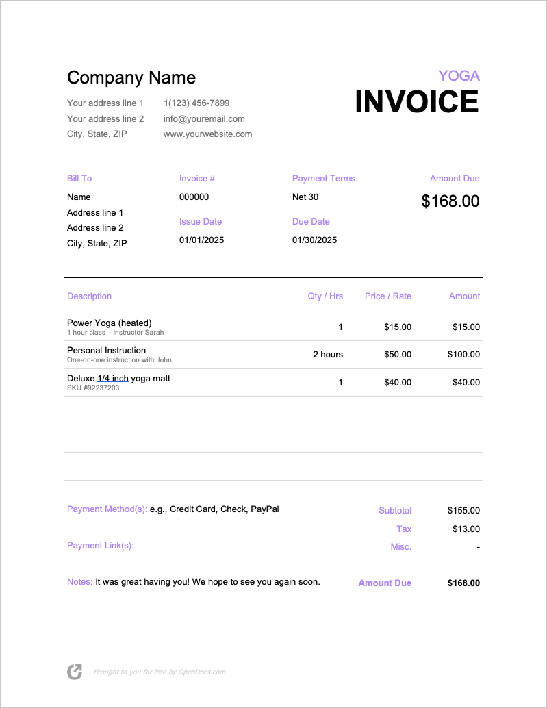 Free Yoga Invoice Template PDF WORD EXCEL